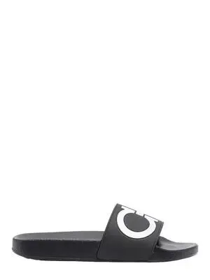 FERRAGAMO Gancini-Print Open-Toe Slides Black