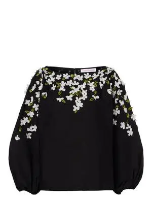 Carolina Herrera Floral Appliqué Cotton-blend Top - Black