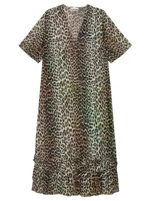 GANNI Leopard-print V-neck Ruffled Dress - Neutrals