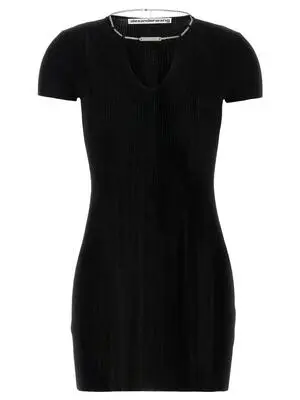 Alexander Wang Ribbed V-neck Short-sleeve Dress With Chain Detail - Black