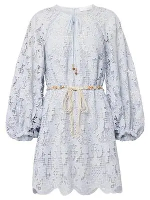 Zimmermann Belted Lace Minidress In Powder - Blue