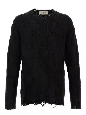 GOLDEN GOOSE Round-neck Sweater With Frayed Hem - Black