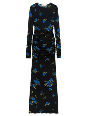 Blumarine Ruched Floral Maxi Dress - Black