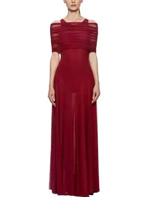 ATU BODY COUTURE Atu Body Couture Wine Red Mesh Overlay Gathered Waist Sleeveless Flared Dress
