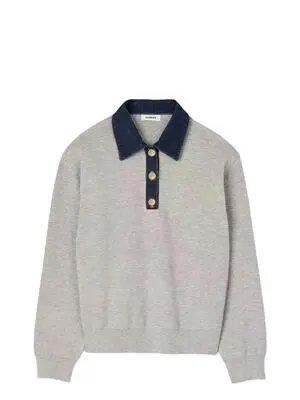 Sandro Contrast Denim Polo-collar Sweater - Grey