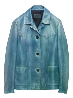 Prada Washed Nappa Leather Jacket With Notch Lapel - Blue
