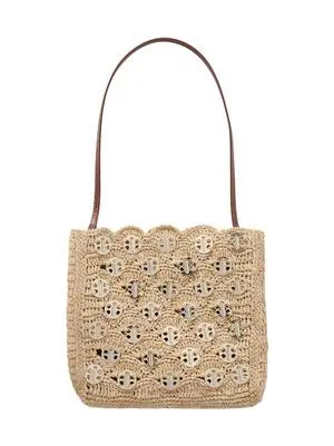 PACO RABANNE Leather-trimmed Embellished Woven Raffia Shoulder Bag