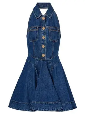 SELF-PORTRAIT Flared Denim Midi Dress - Blue