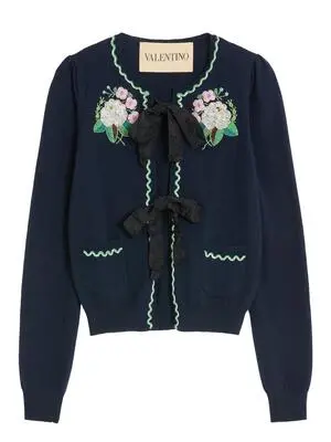 Valentino Garavani Embroidered Virgin Wool Cardigan - Navy