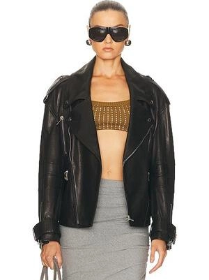 Attico Leather Bomber Jacket - Black