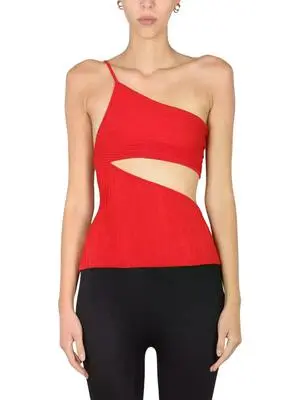 ANDREĀDAMO One-shoulder Cut-out Ribbed Top - Red