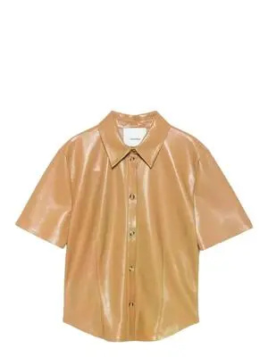 Nanushka Clare Leather Effect Button-up Short Sleeve Shirt - Neutrals
