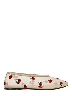 Khaite Embroidered Floral Mesh And Calfskin Leather Ballerina Flats - Nude & Raspberry