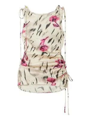 GANNI GANNI Tie-Detailed Gathered Printed Satin Top Multi