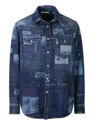 Palm Angels Newspaper-print Denim Shirt - Blue