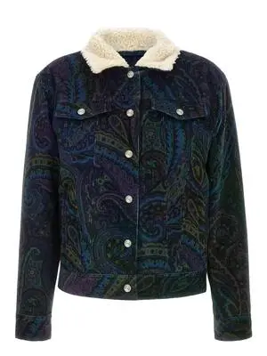 Etro Paisley-print Corduroy Jacket With Shearling Collar - Blue