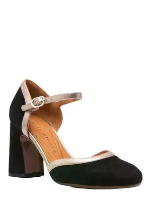 Chie Mihara Suede Ankle Strap Block Heel Pumps - Black