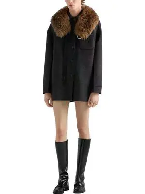 Prada Contrast Collar Buttoned Coat - Black