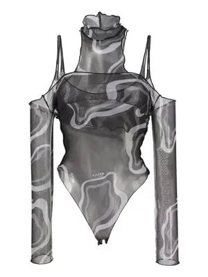 JULFER Janet Semi-sheer Layered Bodysuit With Abstract Logo Print - Black