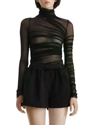 2310 STUDIO Draped Mesh Turtleneck Top - Black