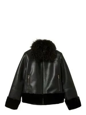 TWINSET Faux Leather And Fur Trimmed Coat - Black