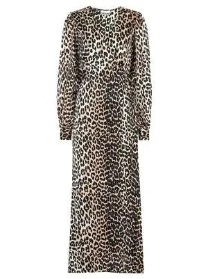 GANNI Leopard-printed Stretch-silk Maxi Dress - Brown