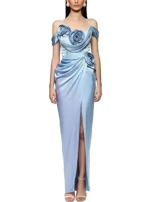 ANA RADU Rose Embellished Off-shoulder Satin Maxi Dress - Blue