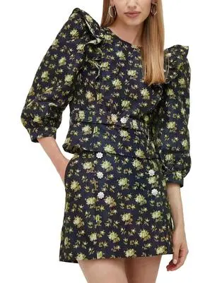 CUSTOMMADE Floral Print Puff Shoulder Blouse With Ruffled Details - Blue