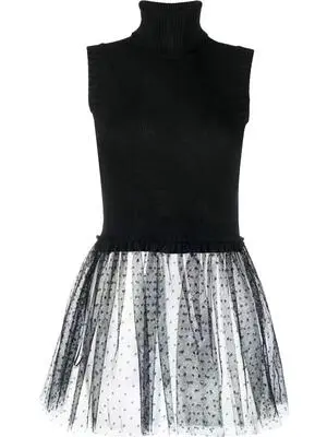 Red Valentino Sleeveless High Neck Peplum Knit Top With Tulle Hem - Black