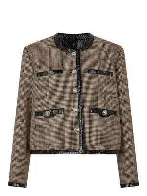 Rabanne Cropped Houndstooth Wool Jacket With Faux Leather Trim - Multi