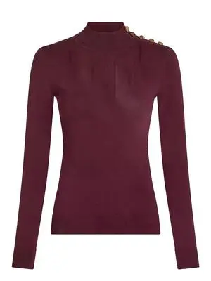 Karl Lagerfeld Burgundy Mock Neck Knitted Top With Shoulder Button Detail - Red