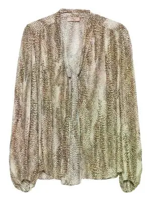 TWINSET Animal Print Tie Neck Balloon Sleeve Blouse - Brown