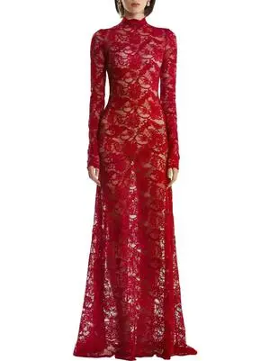 2310 STUDIO High-neck Lace Maxi Dress - Red