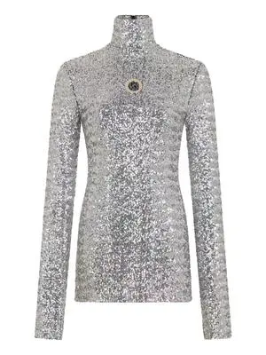 Rabanne Sequin High Neck Top With Keyhole Detail - Silver