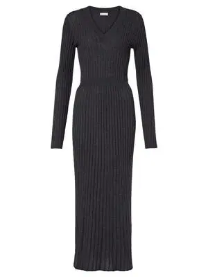 Brunello Cucinelli Ribbed-knit Virgin Wool V-neck Sweater Dress - Grey