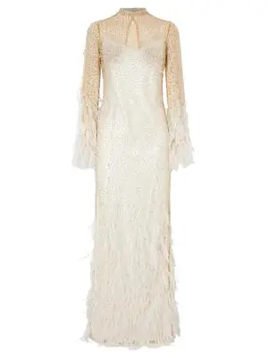 CLIO PEPPIATT Mia Embellished Feather-trimmed Tulle Gown - Neutrals