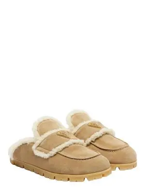 Prada Shearling-lined Suede Mules - Beige