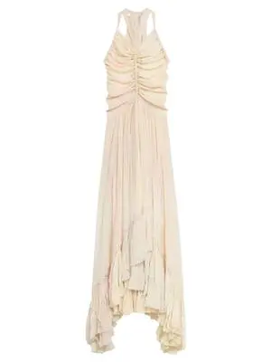 Blumarine Georgette Maxi Dress With Lace Trim And Open Back - Neutrals