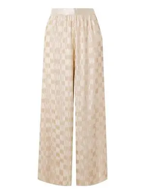 DIMA AYAD Plissé-satin Wide-leg Checkered Trousers - Neutrals