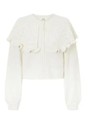 Chloé Cropped Ruffled Pointelle-knit Wool And Cashmere-blend Cardigan - Neutrals