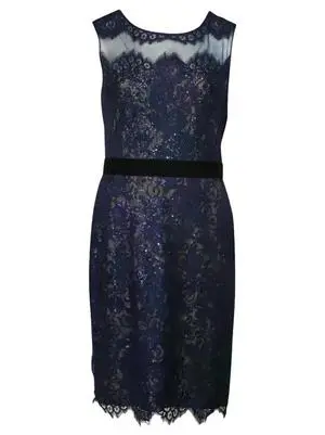 Marchesa Sleeveless Lace Midi Dress With Sequins And Velvet Belt - Blue