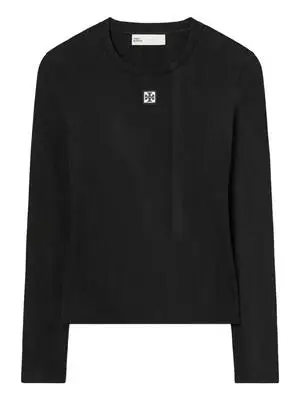 Tory Burch Logo Appliqué Ribbed Cotton Long Sleeve T-shirt - Black