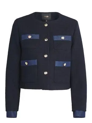 Maje Cropped Tweed Jacket With Denim Trim - Blue