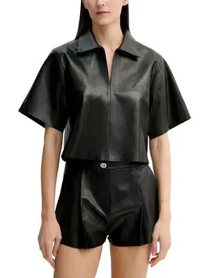 STAND STUDIO Short Sleeve Collared Cropped Boxy Fit Top - Black