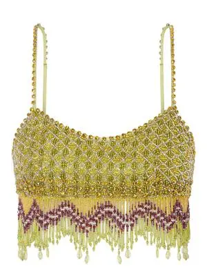BODE Beaded Cropped Fringed Satin Top - Green