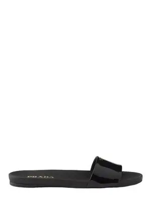 Prada Logo Patent Leather Slides - Black