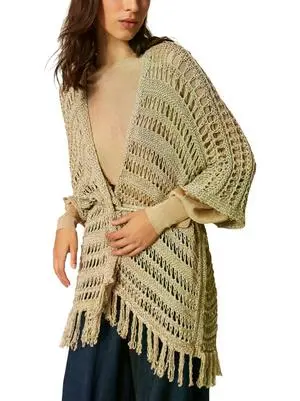 TWINSET Knitted Fringed Poncho With Self-tie Belt - Neutrals