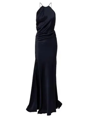 Victoria Beckham Chain Detail Draped Crepe Satin Gown - Blue