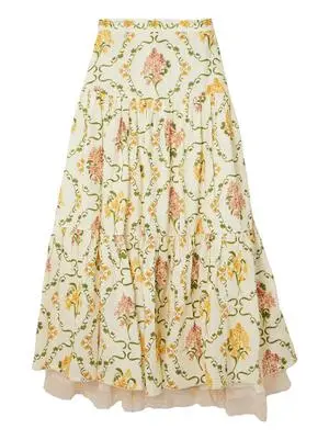 AGUA BENDITA Agua By Agua Bendita Tiered Floral Print Linen Maxi Skirt With Lace Trim