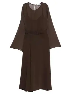 P.a.r.o.s.h Belted Midi Dress With Sheer Bell Sleeves - Brown